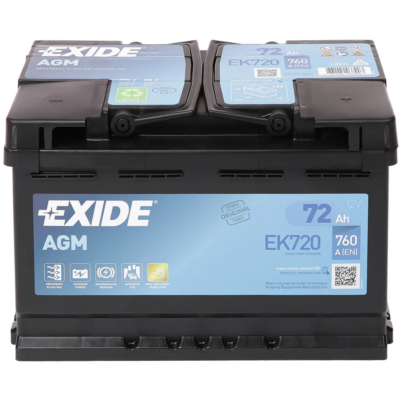 Exide Start-Stop EK720 AGM 12V 72Ah 760A/EN ersetzt Exide EK700 Autoba